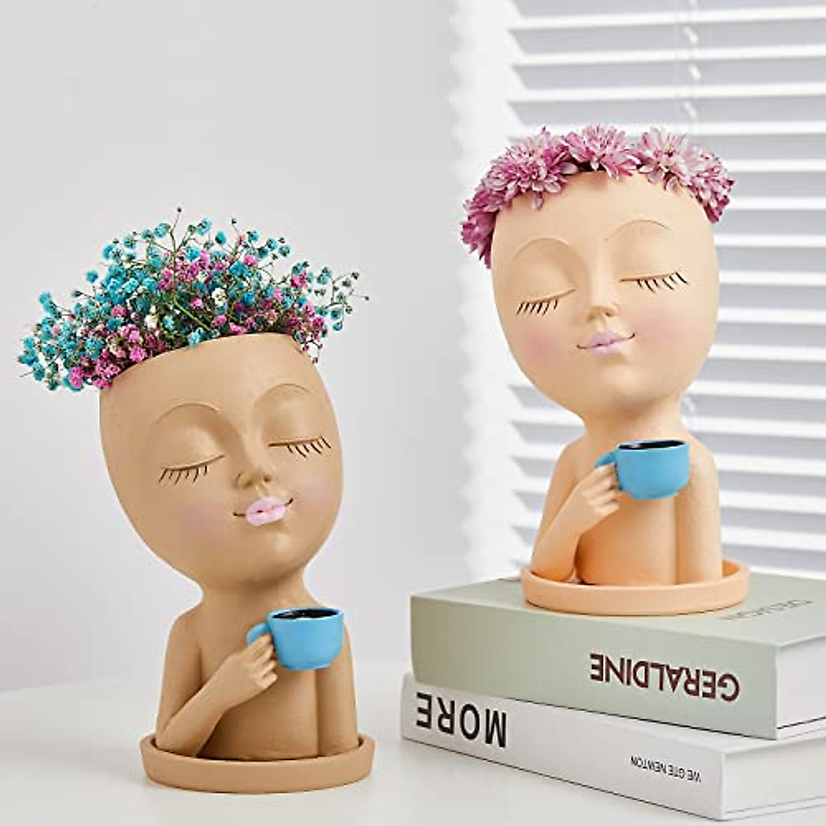 Face Planters Pots Head Planters for Outdoor Plants, Funny Cute Resin Coffee Girl Face Succulent Pots Planter Cactus Planter with Drainage Hole Closed Eyes for Indoor&Outdoor Planter (Style#477A1)