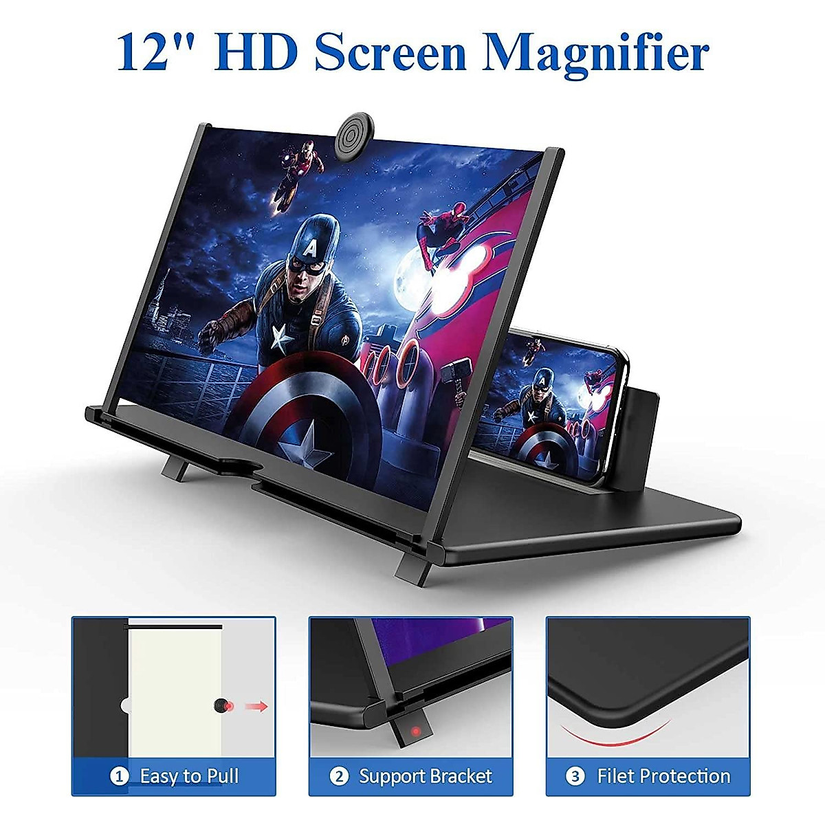 12" Screen Magnifier for Cell Phone – 3D HD Magnifing Screen Enlarger Projector for Movies Videos and Gaming – Foldable Phone Stand Holder with Screen Amplifier–Supports All Smartphones (Black-12inch)