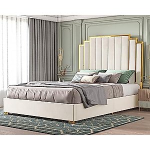 HOWE King Size Bed Frame and 65" Headboard, Upholstered Bed with Golden Plating Trim, Modern Platform Bed No Box Spring Needed, Cream