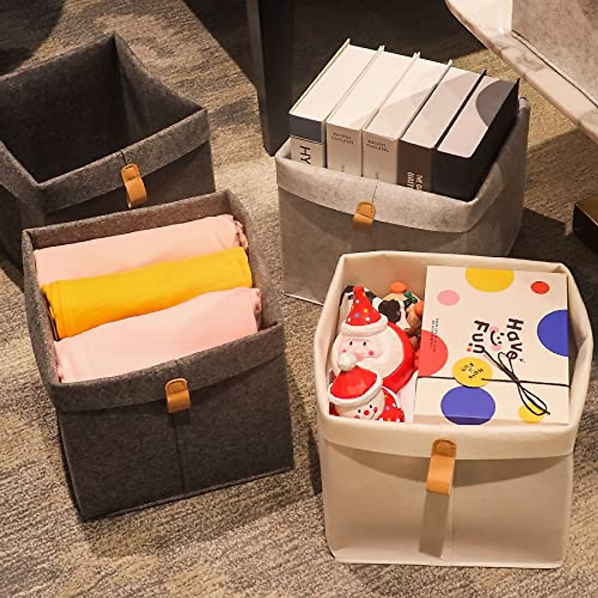MILILOVE 3Pcs Felt Storage Basket 9x9.2x10.2" Cube, Fabric Cloth Storage Bin, Collapsible Organizer Basket with Handle for Cloth Toys Fordable Cloth Bin for Bedroom Playroom Office