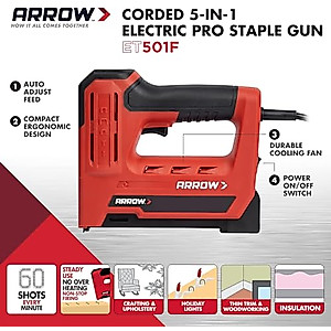 Arrow ET501F Corded 5-in-1 Professional Electric Staple and Nail Gun, Wire Stapler, and Brad Nailer for Upholstery, Framing, Insulation, Crafts, Fencing, and Cable, Black/Red