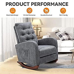 cinkehome Modern Accent Rocking Nursery Chair-Upholstered Rocker Glider Chair for Baby and Kids-Mid Century Tall Back Armchair with Solid Wood Legs-Living Room-Bedroom-Cotton Dark Gray