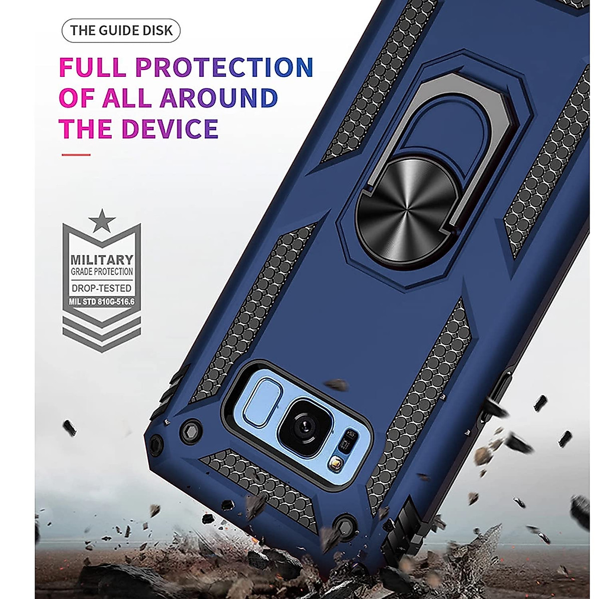 STARSHOP Samsung Galaxy S8 Plus Case, with [Tempered Glass Screen Protector Included] Military Grade Shockproof Dual Layer Protective Phone Cover with Metal Ring Kickstand - Navy