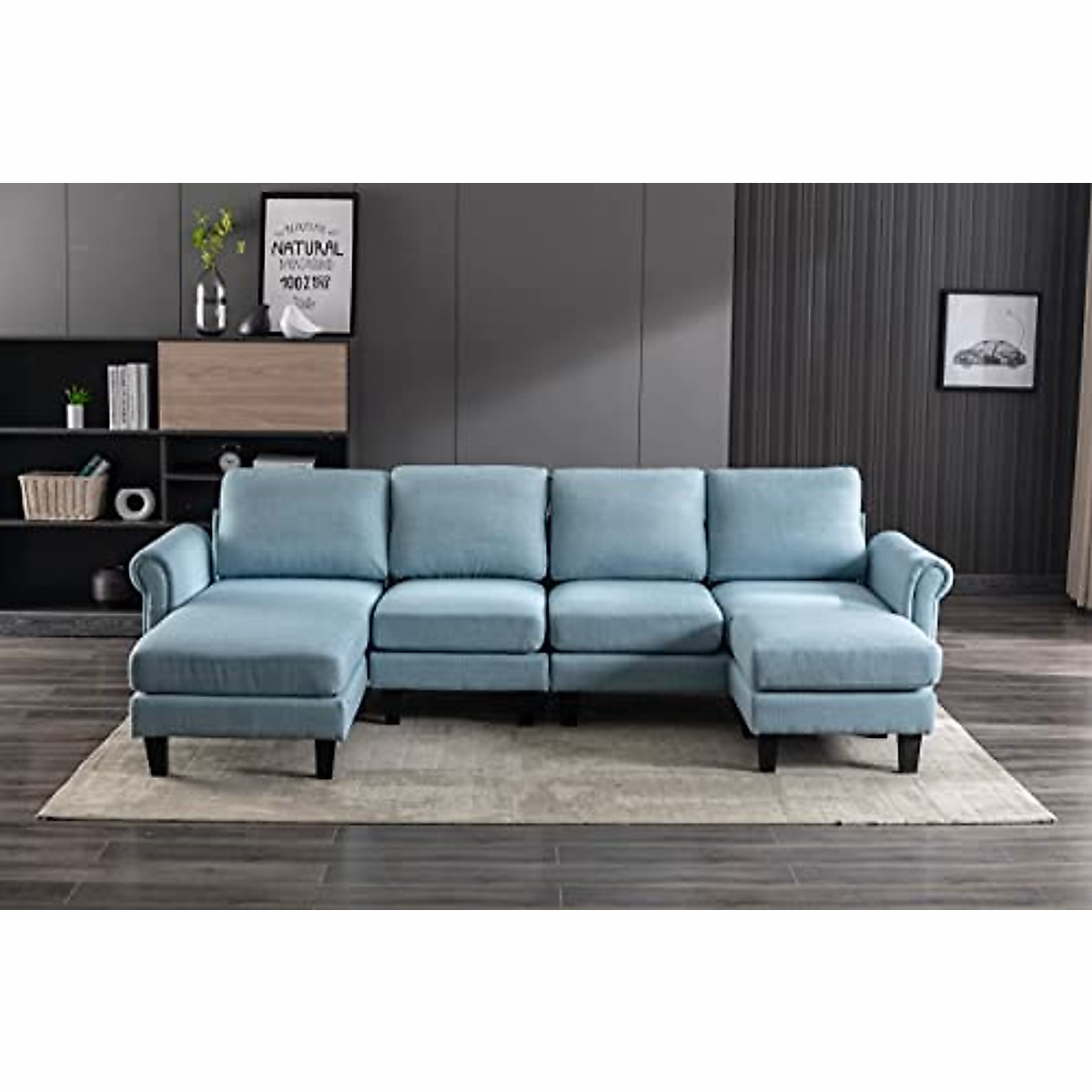 L-Shape Modular Sectional Sofa, Modern Upholstered Accent Sofa with Movable Ottoman, U-Shaped Corner Sofa with Armrest and Wood Legs, Lounge Couch Sofa for Living Room Bedroom Apartment, Light Blue
