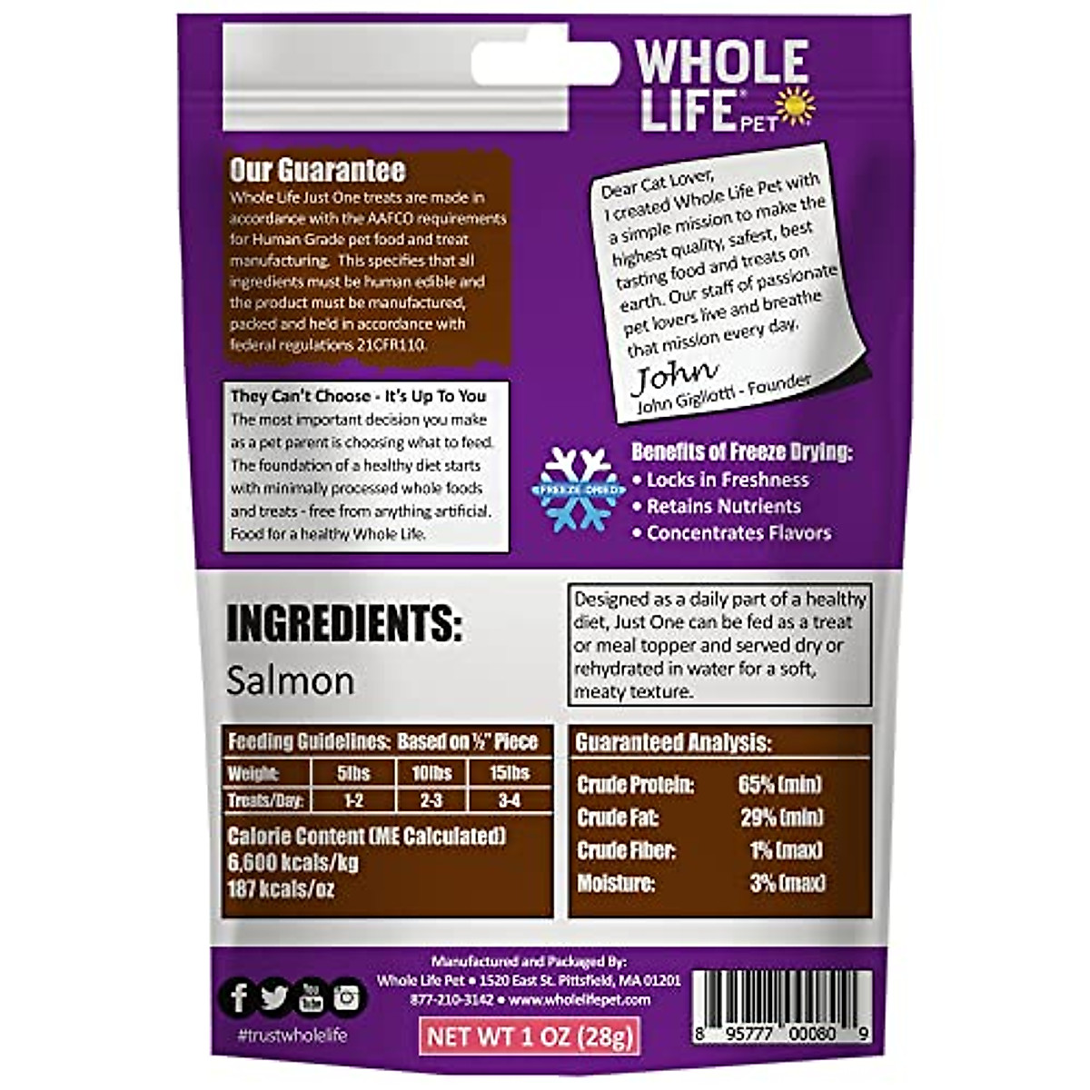 Whole Life Pet Just One Salmon - Cat Treat Or Topper - Human Grade, Freeze Dried, One Ingredient - Protein Rich, Grain Free, Made in The USA