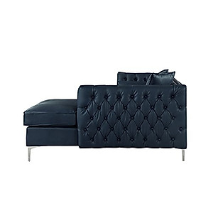 Iconic Home Da Vinci Right Hand Facing Sectional Sofa L Shape Chaise PU Leather Button Tufted with Silver Nailhead Trim Silvertone Metal Leg with 3 Accent Pillows, Modern Contemporary, Navy