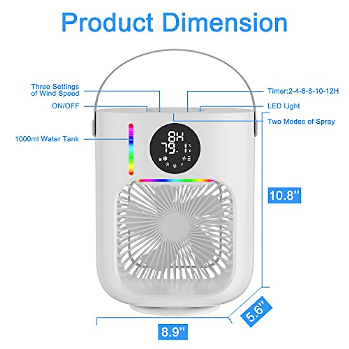 Abandship Air Cooler - Portable Conditioner Fan, Desktop with LED Display, 1000ml Capacity,Small Personal Cooling Fan 7 Colors Light,3 Speeds for Office Home Room