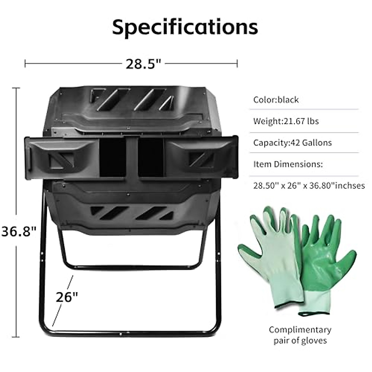 MaxWorks 50891 Compost Tumbler Bin Composter Dual Chamber 42 Gallon, Bundled with Gloves