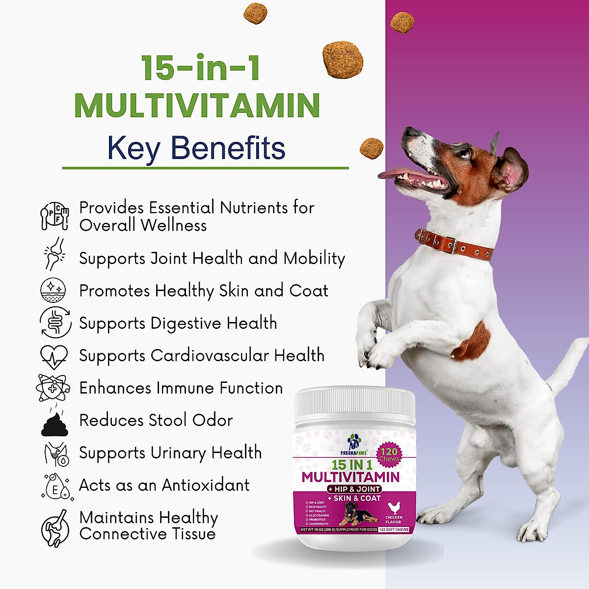 Dog Multivitamin with Vitamin C and E for Skin & Coat + Immune Health - 120ct - Glucosamine Chondroitin for Hip and Joint Support - Probiotics for Healthy Gut Flora - Postnatal Support