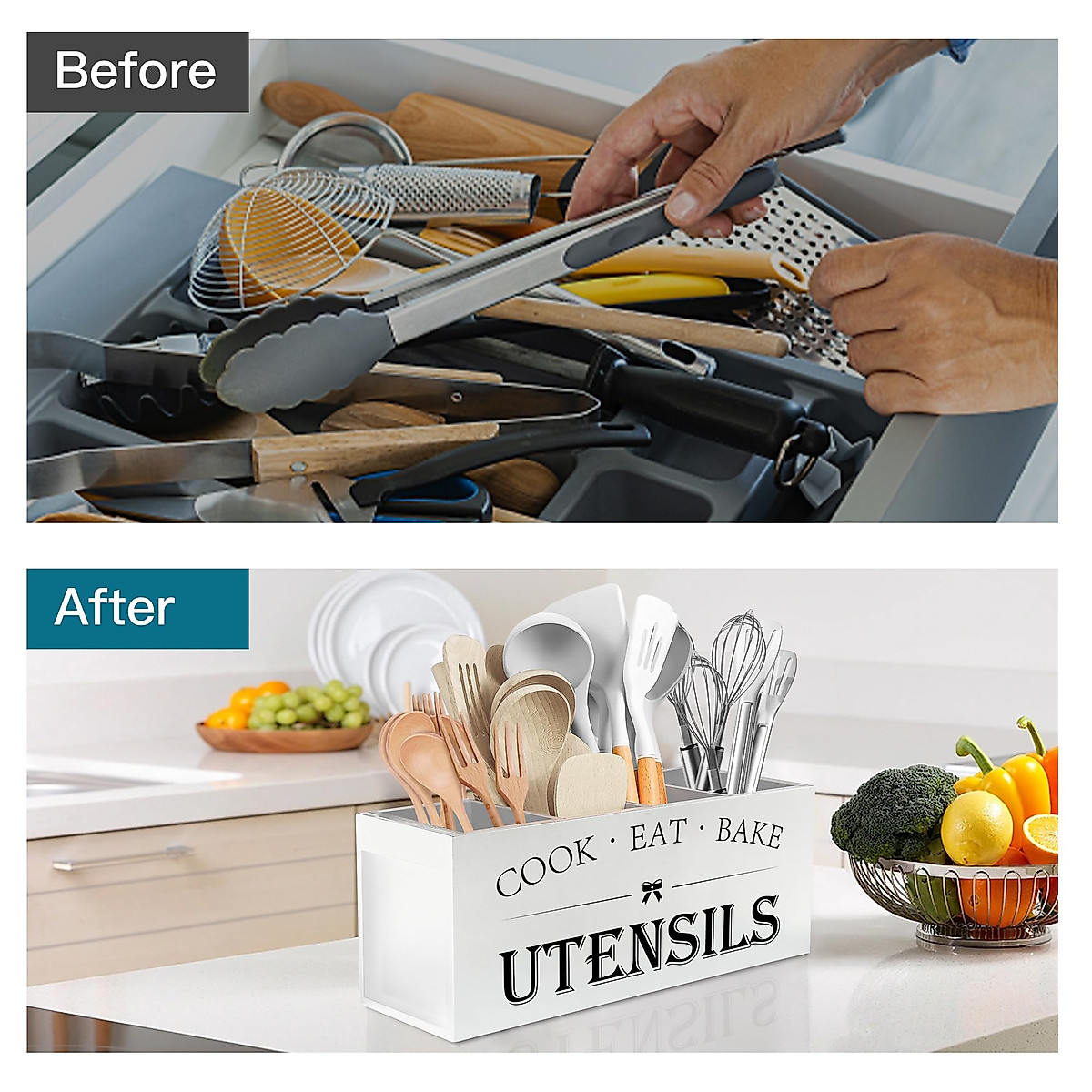 Suli Extra Large Kitchen Utensils Holder with 4 Compartments, Wooden Utensil Organizer for Kitchen Countertop, Farmhouse Kitchen Decor, Rustic Cooking Utensil - White