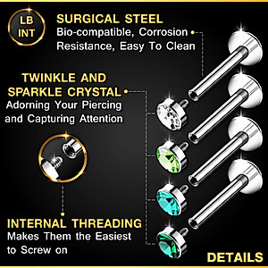 4PCS Steel Internally Lip Studs 16g 1.2mm 5/16 8mm 3mm Crystal Ball Labret Snake Bite Tragus Earrings Piercing Jewelry 9026