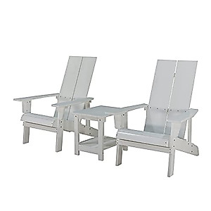 Key West 3 Piece Outdoor Patio All-Weather Plastic Wood Adirondack Bistro Set, 2 Adirondack Chairs, and 1 Small, Side, end Table Set for Deck, Backyards, Garden, Lawns, Poolside, and Beaches, White