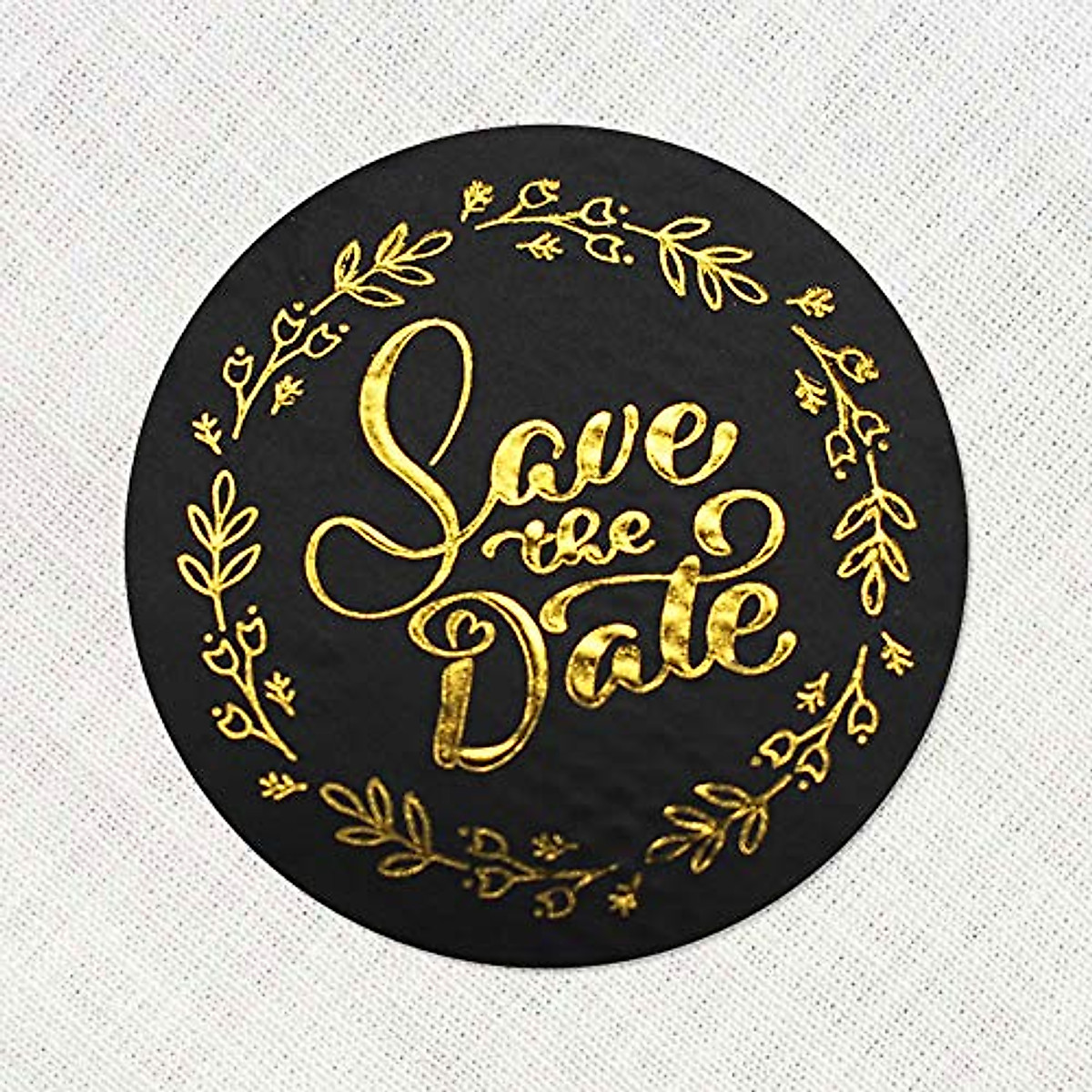 100 x Save the Date Labels Real Gold Foil Embossed Metal Stickers Party Invitation Stickers Round Self Adhesive Vinyl Black and Gold Labels 1.6 inch
