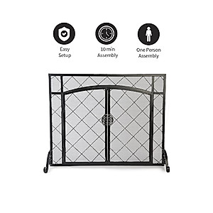 Plow & Hearth Metal Fireplace Screen Celtic Knot Pewter | 44" W x 33" H | Flatguard | Spark Guard Indoor Grate | Iron Fire Place Cover | Wood Burning Stove Decorative Accessories