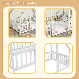 Luckiofvonne House Bed for Kids, Full Size Floor Bed with Fence Rails, Wood Montessori Bed Frame for Girls Boys Teens, White