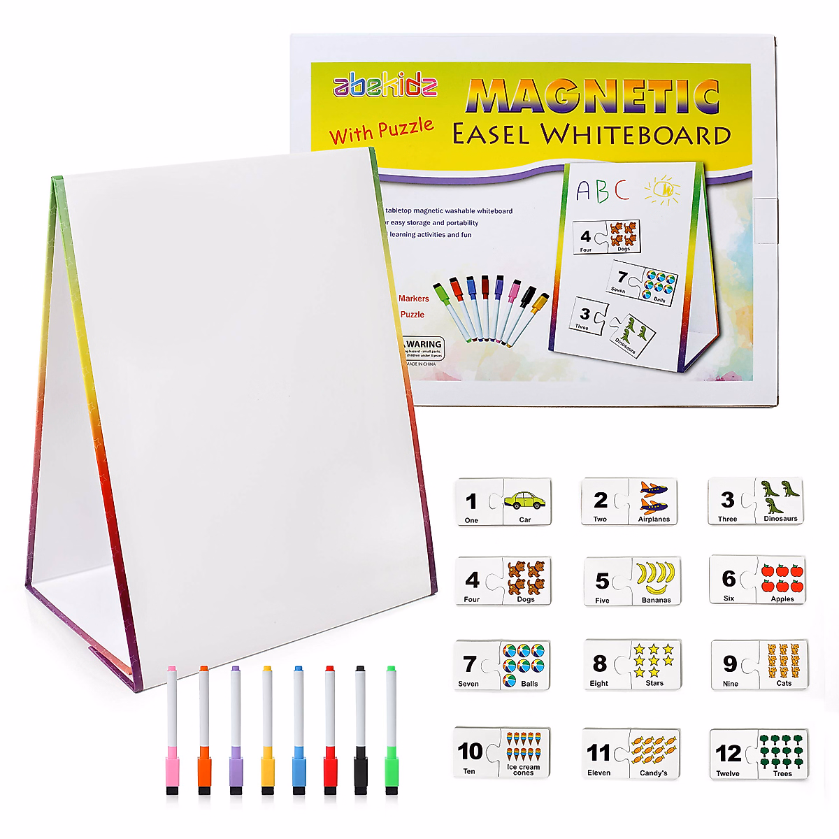 Abesons Kids Self-Standing Double-Sided Tabletop Magnetic Easel Dry Erase White Board. Includes 8 Dry Erase Markers + Educational Magnetic Numbers Puzzle (Easel + Puzzle)
