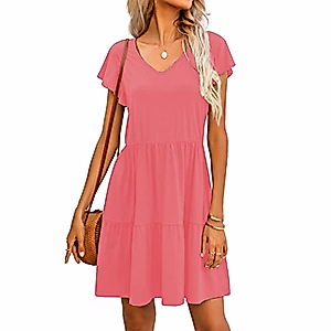 HOTOUCH Womens Summer Casual with Smocked Sexy V Neck A Line Swing Mini Dress Watermelon Pink, Medium