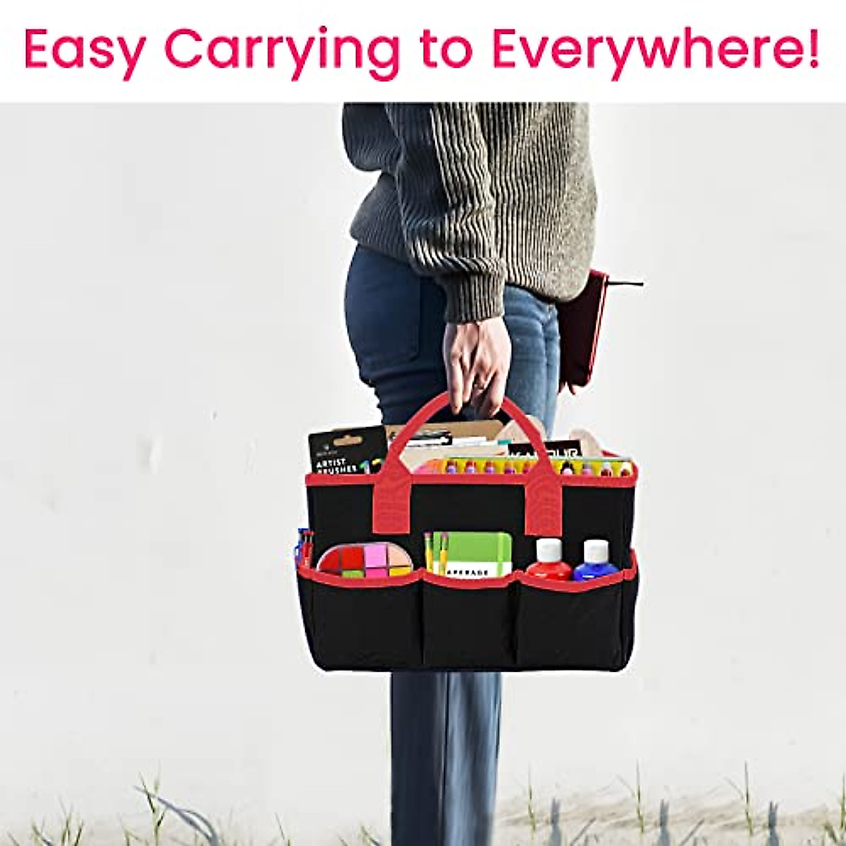 Godery Desktop File Folder Tote and Stock Organize, Fundamentals Art Organizer Storage Craft Tote Bag for Office Desk Organize, Make-up Storage Tote with Handles for Travel or Daily Use, Black