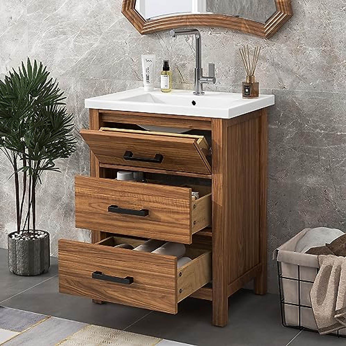 Poeyleja 24'' Bathroom Vanity with Ceramic Basin Sink, Modern Bathroom Storage Cabinet with 3 Drawers, Freestanding Bathroom Vanity Cabinet with Single Sink Natural Wood 24.4 * 18.3 * 33.8