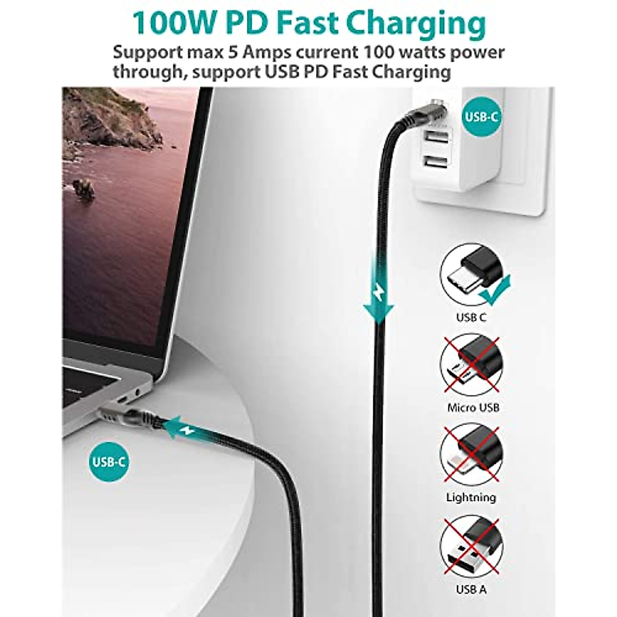 Elfesoul USB C to USB C Cable 10ft, USB C 3.2 Gen 2 Cable 20Gbps Data Transfer USB C Cable 100W PD Fast Charging Cable for MacBook Pro, iPad Pro, Galaxy S22, Nylon Braided, Black.