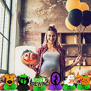 8pcs A Baby is Brewing Halloween Table Centerpiece, A Baby is Brewing Baby Shower Decorations Black Purple Ghost Witch Halloween Honeycomb Centerpieces for Gender Reveal Baptism Party cocomigo