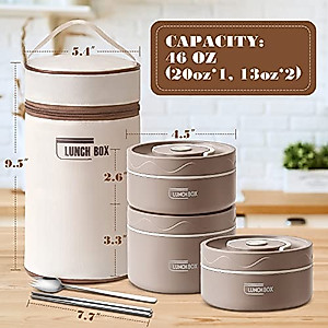 QQKO Portable Insulated Food Lunch Container Set with Thermal Lunch Box, 3 Separate Stackable Lunch Container for Adult Men Women Kids, 66 Oz/8.25 Cup (Brown, 3-Tier)