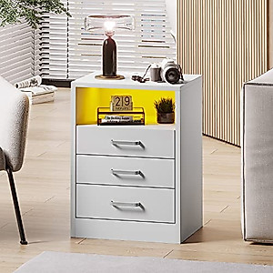 ADORNEVE LED Nightstand with Wireless Charging Stations,Night Stand for Bedroom,Bedside Table with Drawers,Modern End Side Table,White