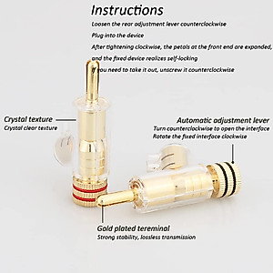 Tertullus 4Pcs Banana Clips Connectors Banana Plugs for Speaker Wire Gold Plated Screw Locking Connectors for Speaker Wire,AV Receiver, Amplifier, Surround Sound