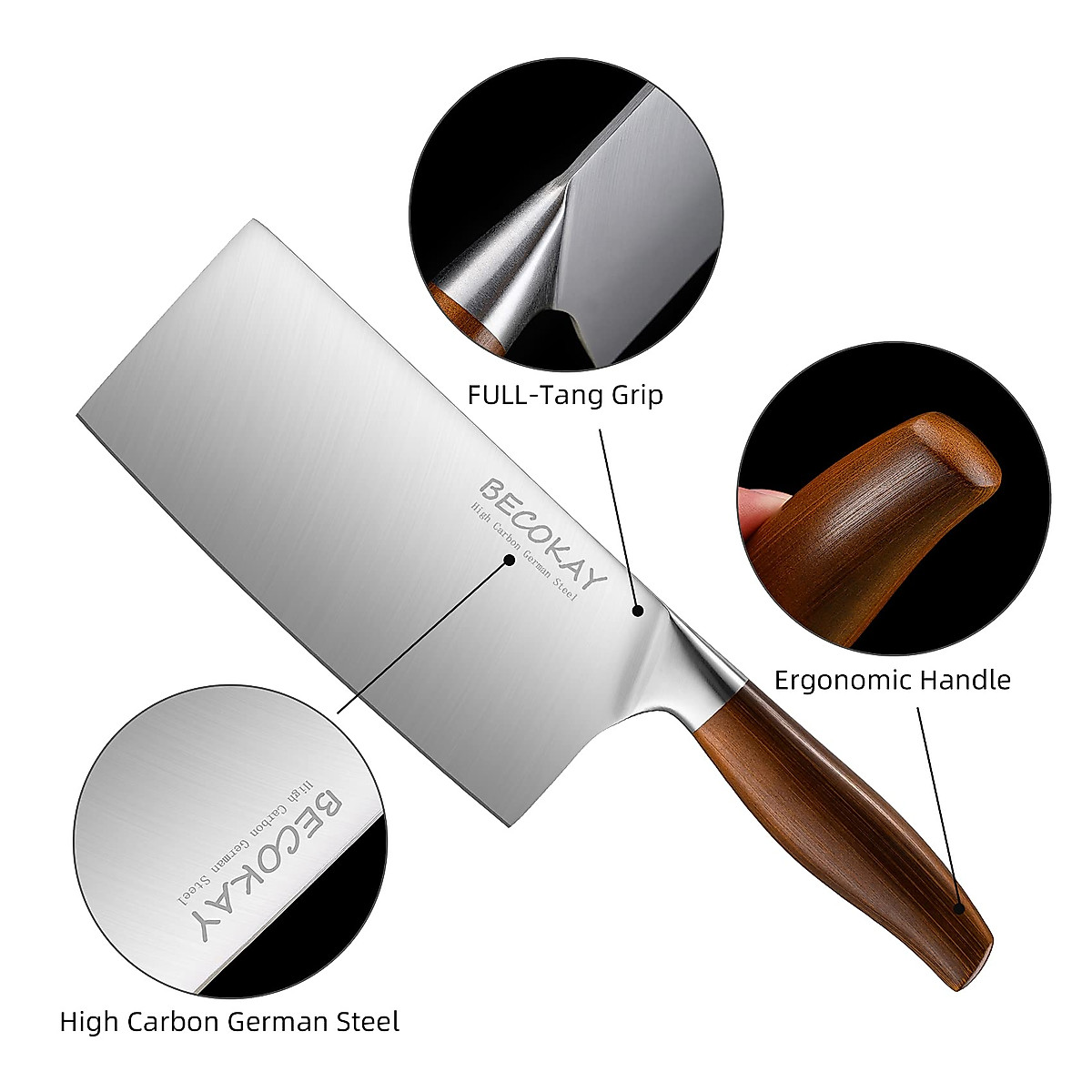 BECOKAY Meat Cleaver 7 inch Vegetable Cleaver Knife - Chinese Chef's Knife German High Carbon Stainless Steel Butcher Knife with Ergonomic Handle for Home Kitchen and Restaurant