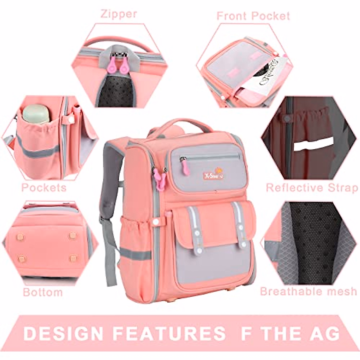 Fsoezso School Backpacks 16 * 12 * 5 in for girl, Cute Book Bag with Compartments for Teen girl Kid Students Elementary Middle School, Kids' School Bag, pink