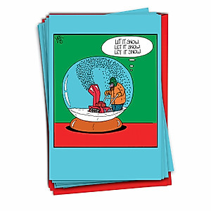 NobleWorks - 12 Cartoon Merry Christmas Cards Funny - Adult Happy Holiday Greetings, Boxed Notecards Bulk (1 Design, 12 Cards) - Snowglobe Blower C7086XSG-B12x1