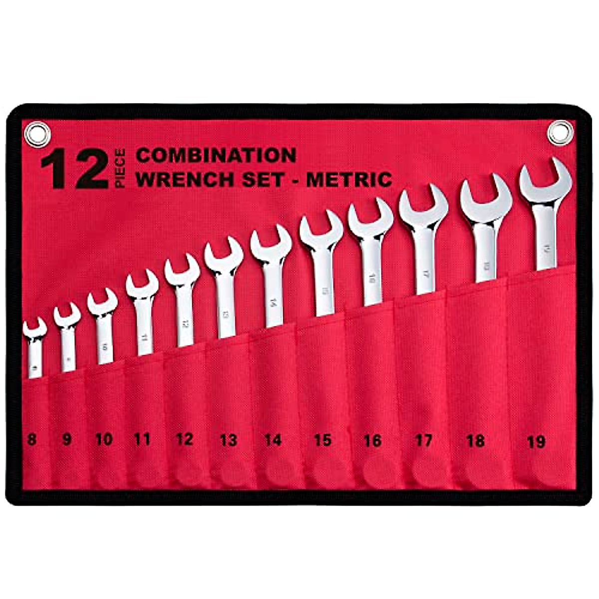 12-Piece Metric Combination Wrench Set in Roll-up Pouch, Non-Skip Sizes 8mm - 19mm | Chrome Vanadium Steel with Mirror Finish | Ideal for General Household, Garage Workshop, Auto Repairs and Much More