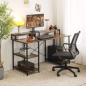 IBUYKE 55" Computer Desk, Office Table, Gaming Workstation with Storage Shelves/Monitor Stand, Study Table for Home Office, Space-Saving, Easy to Assemble, Rustic Brown and Black UTMJ056H