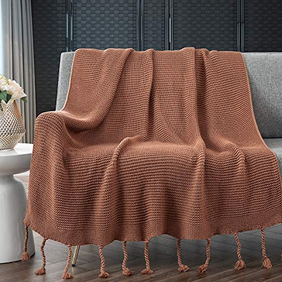RUDONG M Knitted Throw Blanket with Fringe, Amber Color Knit Throw Blanket for Couch Bed Sofa 50" x 60"