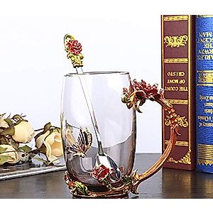 Flower Tea Cups, Unique Coffee Mugs, Butterfly Glass Mug with Spoon Set, Handmade Rose Butterflies Gifts - Best Valentine's Day Mother's Day Gift (13oz, Red)