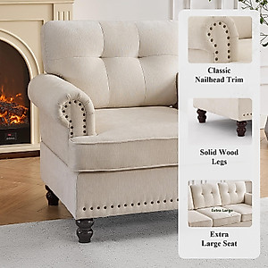 Tufted 3 Seater Sofa Couch, Rolled Arms Mid Century Modern Sofa, Home Sofa Living Room with Rivets, and Solid Wood Legs, Modern couches for Living Room, Bedroom, Guestroom, Apartment, Beige