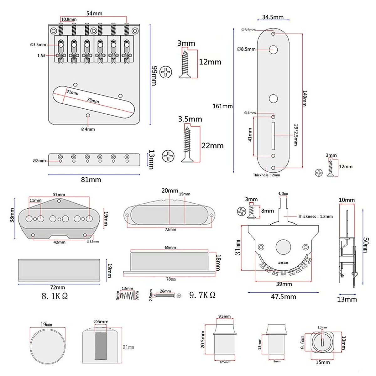 Alnicov 6 Strings Saddle Bridge Plate, 3 Way Switch Control Plate, Neck Pickup Set for Fender Telecaster Electric Guitars Replacement Parts (Black)