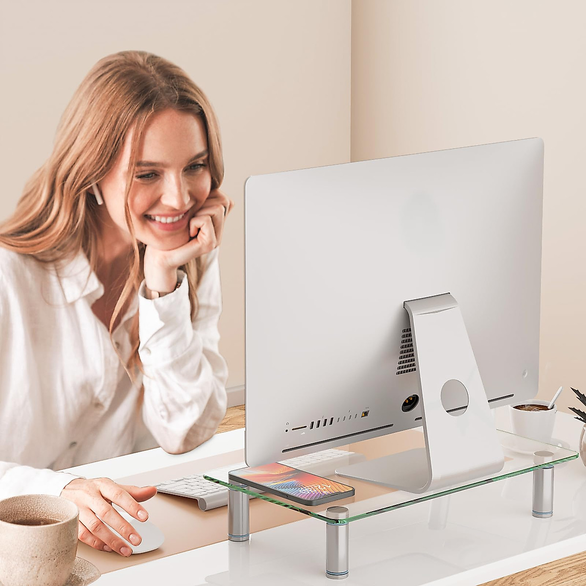 WALI Rectangular Tempered Glass Monitor Riser Desktop Stand Height Adjustable Table Top for Flat Screen LCD LED TV, Laptop, Notebook, Display (GTT001), 16 X 10 inch, Clear