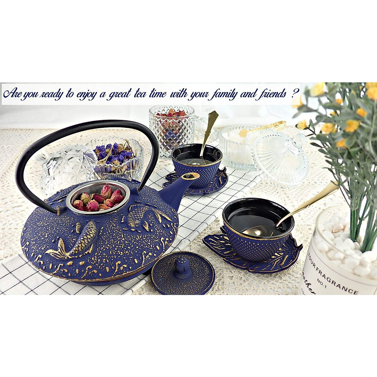 KIYOSHI Luxury 7PC Japanese Tea Set."Midnight Blue Koi" Cast Iron Tea Pot with 2 Tea Cups, 2 Saucers, Loose Leaf Tea Infuser and Teapot Trivet. Ceremonial Matcha Accessories