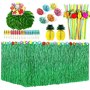 Hawaiian Tropical Party Decoration Pack with 9feet Hawaiian Grass Table Skirt, Hibiscus Flowers, Palm Leaves, Paper Pineapple, Hawaiian Beach Theme Party Favors Luau Party Supplies