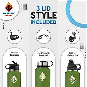 Blazin Goods Stainless Steel, Leak Proof, Vacuum Insulated Stainless Steel, Double Walled Water Bottle | 3 Lids, 2 Straws, 1 Wire cleaning brush (Olive/Drab, 32 Oz)
