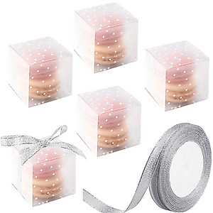Ocmoiy 50Pcs Clear Favor Boxes for 2 Macarons 2 x 2 x 2 Inches White Dot Minigift Candy Boxes with Silver Ribbons Wedding Bridal Shower Baby Shower Christmas Party Favor Boxes