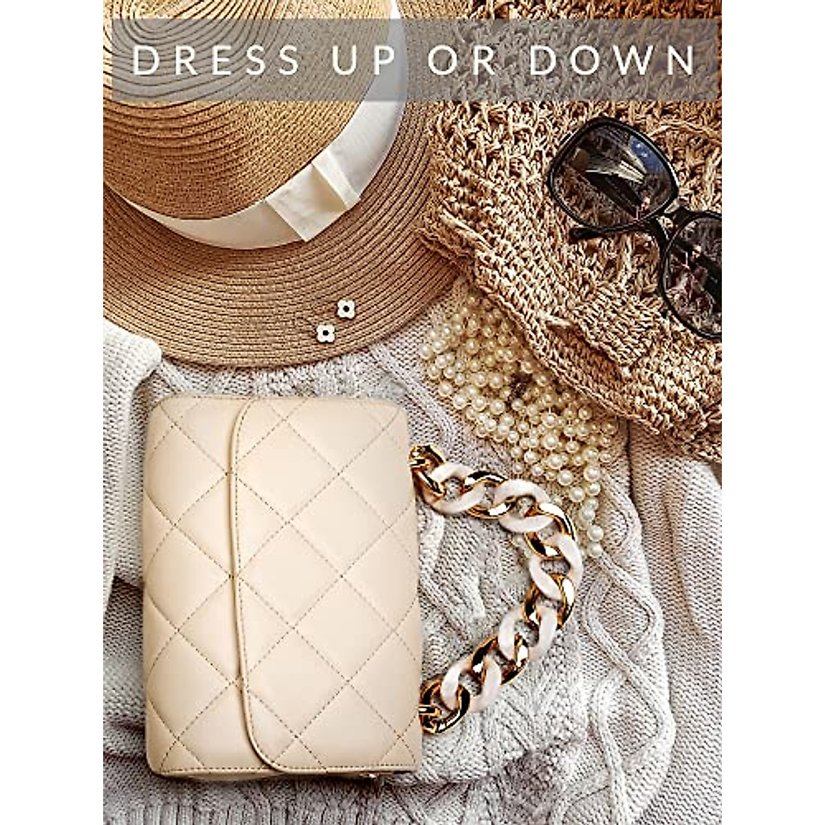 Before & Ever Small Beige Purse - Quilted Sand Crossbody Bag for Women - Gold Chain Clutch Purse Bag for Women - Women's Crossbody Handbag - Vegan Leather Cross Body Hand bag Wallet Purse