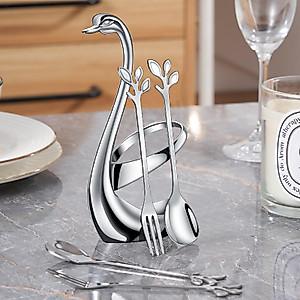 AnSaw Silver Swan Base Holder Set with 10 Pcs 4.7" Mini Leaf Teaspoons & Dessert Forks - Perfect for Appetizers,Salads,Cakes,Fruits,Cocktails,Tea,Espresso - Beautify Your Charcuterie Board Layout