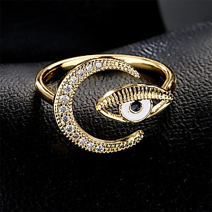 18K Gold Plate Open Ring Moon Star Evil Eye Stainless Steel One Size Adjustable Band Cubic Zircon Ring Jewelry (Moon & Evil Eye)