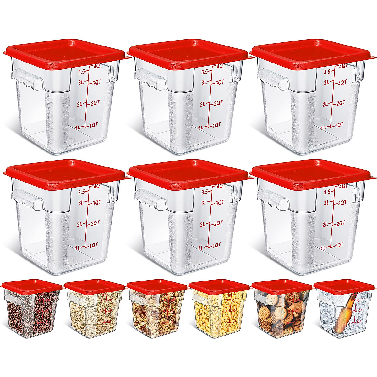 Yungyan 6 Pcs Commercial Clear Food Storage Containers 4 Qt Square Acrylic Airtight Food Storage Containers with Lids for Kitchen Restaurant Pantry Freezer Flour Sugar(Red)