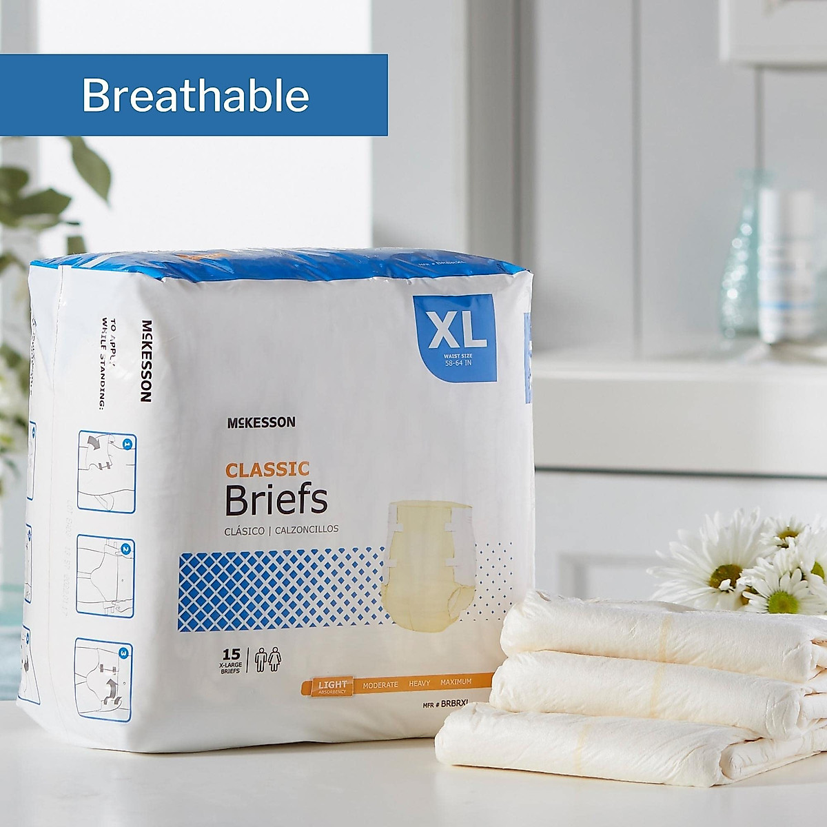 McKesson Classic Briefs, Incontinence, Light Absorbency, XL, 15 Count, 4 Packs, 60 Total