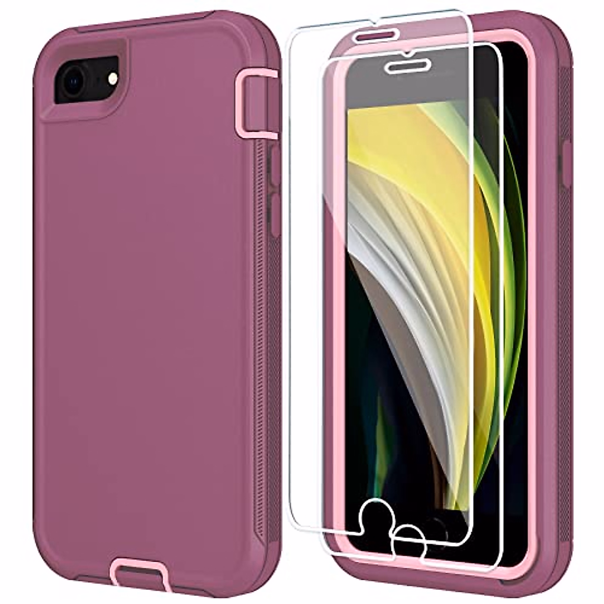 ONOLA iPhone SE 2022 Case with Tempered Glass Screen Protector [2 Packs], Shockproof Dustproof for iPhone SE 2022 3rd Gen/2020 2nd Gen (4.7-inch) in WineRed-Pink.