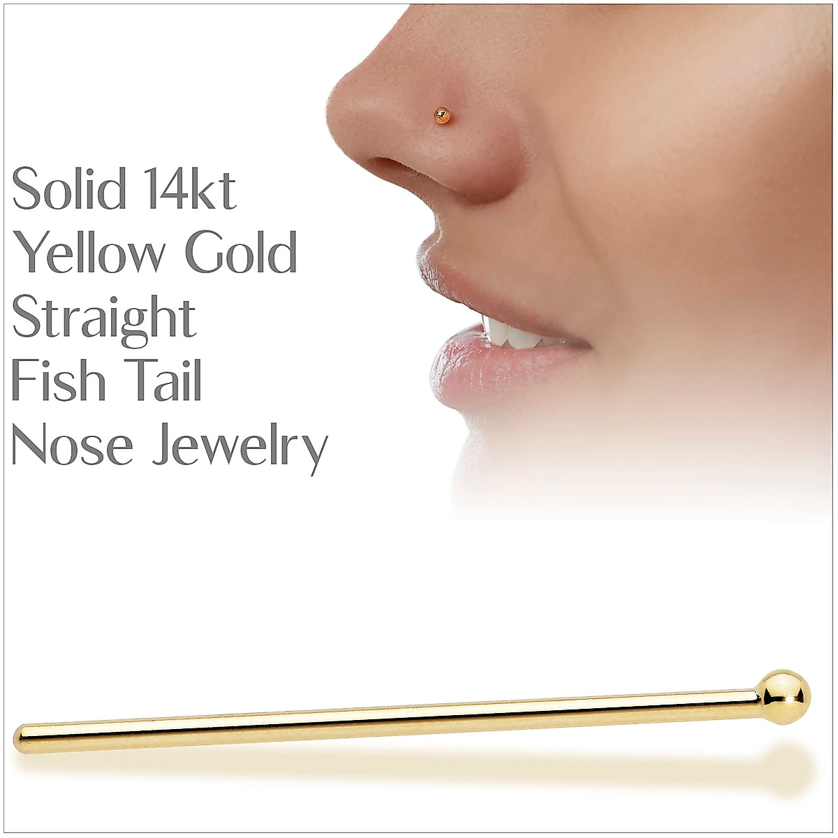 Body Candy Solid 14k Yellow Gold 1.5mm Ball Straight Fishtail Nose Stud Ring 20 Gauge 17mm
