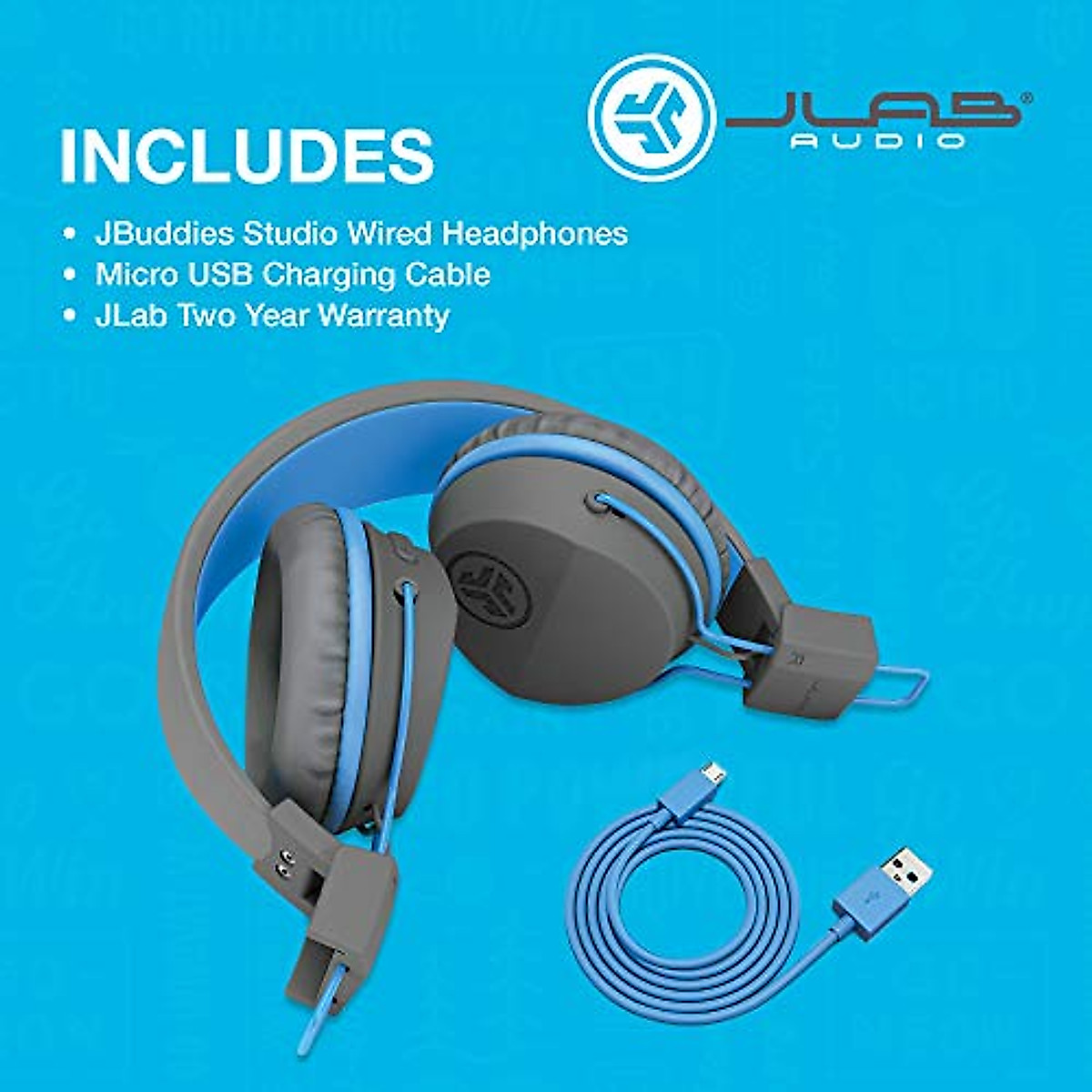 JLab JBuddies Studio Bluetooth On-Ear Kids Headphones | 13 Hour Battery Life | Studio Volume Safe | Volume Limiter | Folding | Adjustable | Noise Isolation | with Mic | Gray/Blue